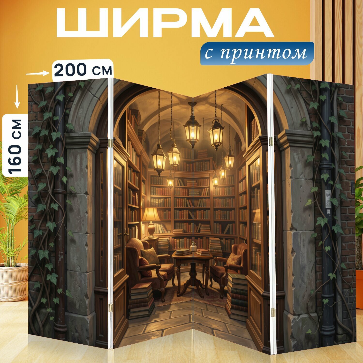 Ширма "Уютная библиотека в арке. Теплый интерьер старинного книжного зала с высокими полками, мягкими." перегородка для зонирования комнаты с принтом 200x160 см. на холсте