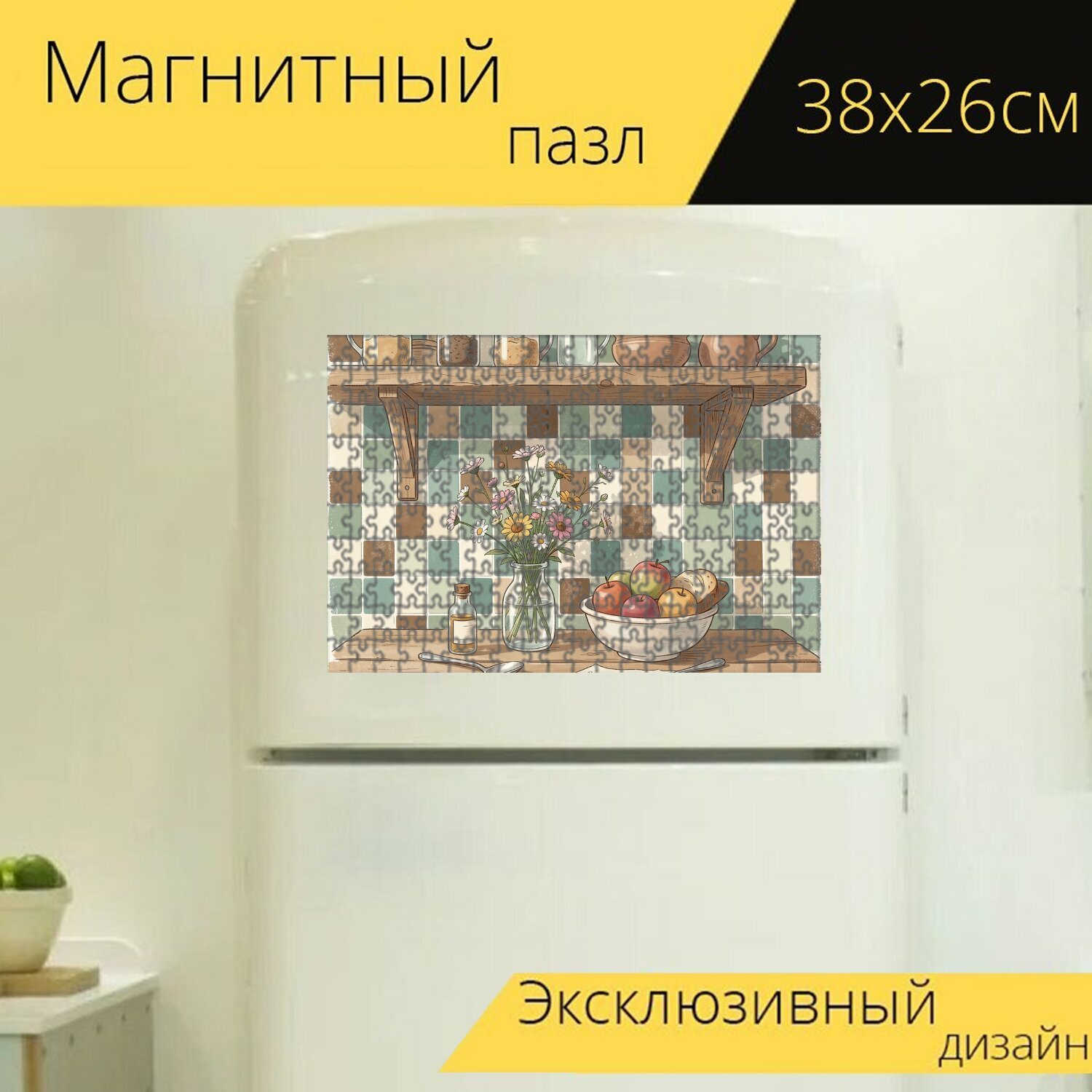 Магнитный пазл "Уютная кухня с цветами и фруктами. Нежный рустикальный натюрморт с деревянными полками, стеклянными банками, керамической посудой, букетом." для интерьера, 38х26 см.