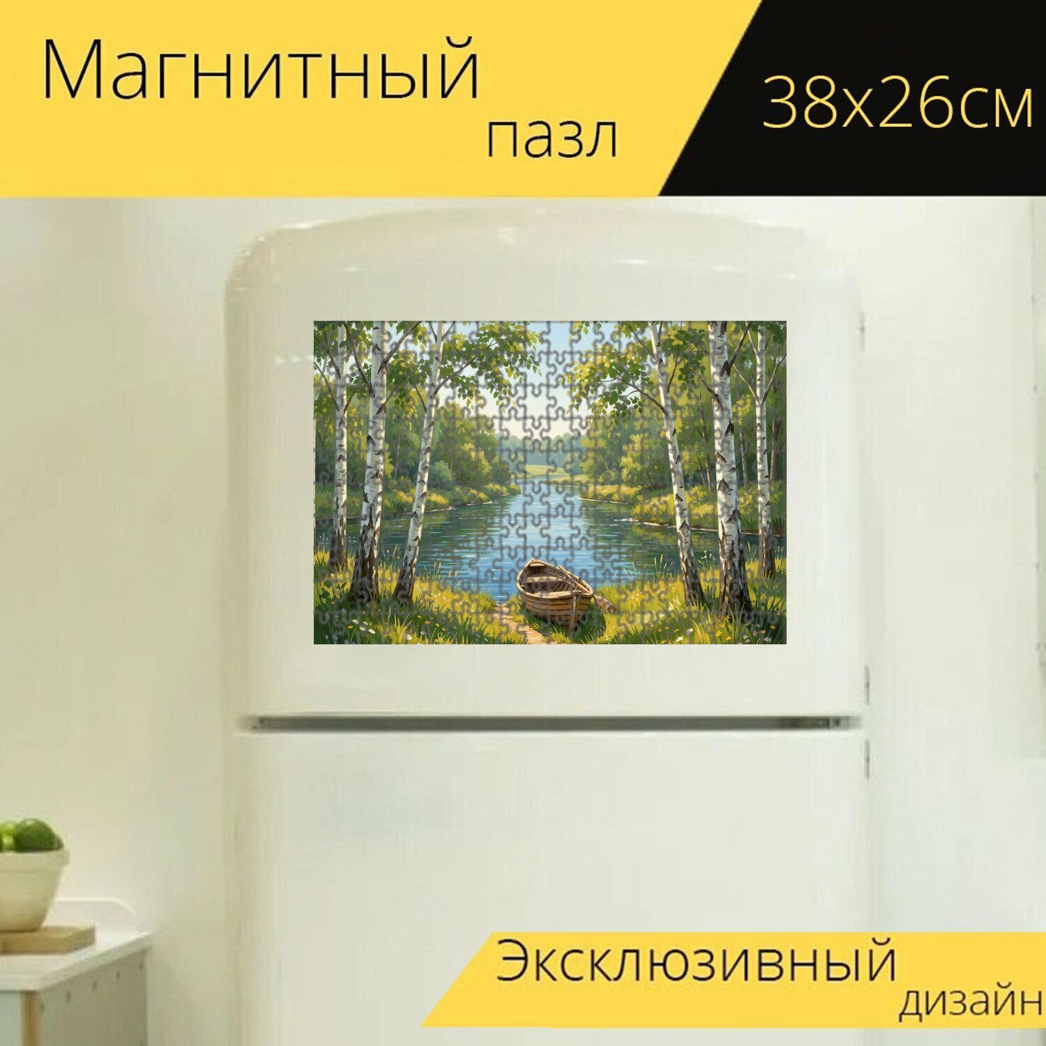 Магнитный пазл "Лесная речка с лодкой. Спокойная живописная сцена: светлый березовый лес, тихая водная гладь, тропинка к берегу и деревянная лодка. Летние." для интерьера, 38х26 см.