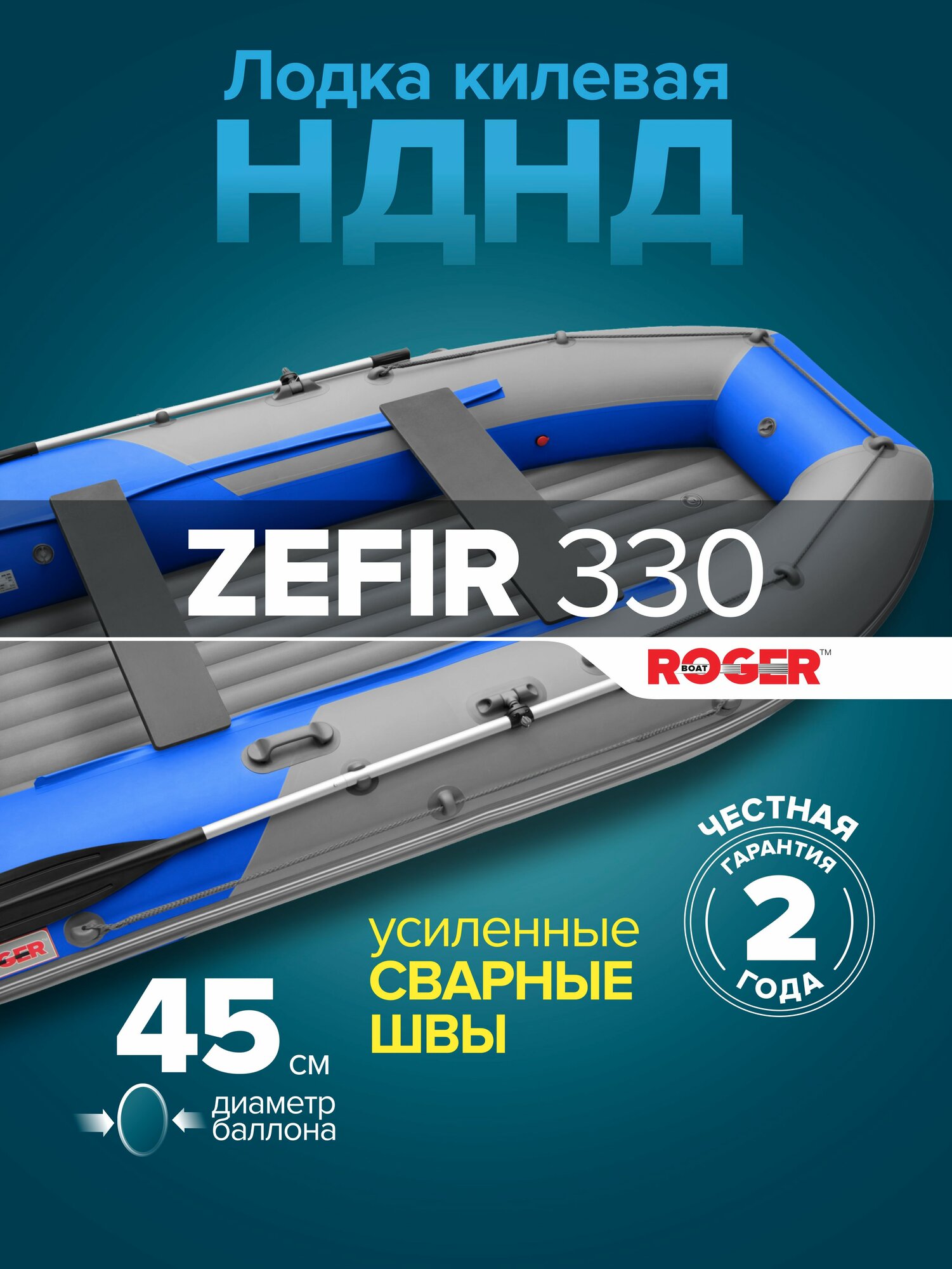 Лодка ПВХ под мотор ROGER Zefir 330, лодка надувная для рыбалки НДНД килевая (серый-синий)