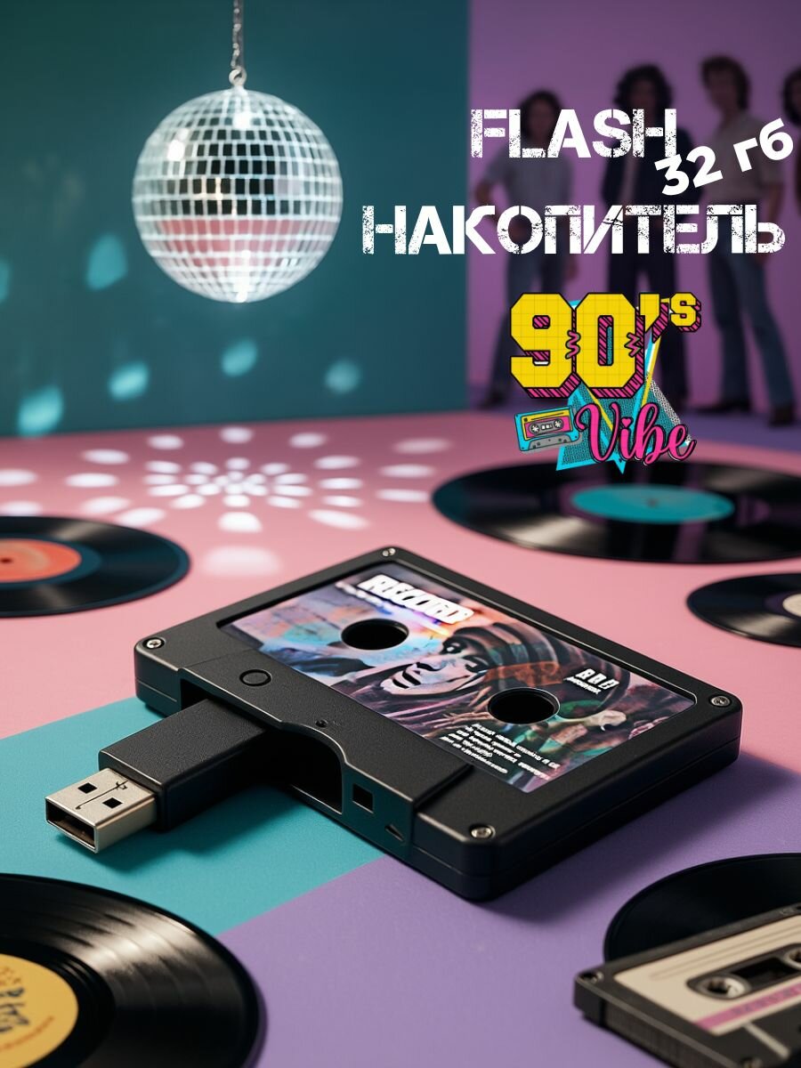 Flash-накопитель в форме аудиокассеты "Привет из 90х" 32 гб USB + Type-C для телефона и ПК