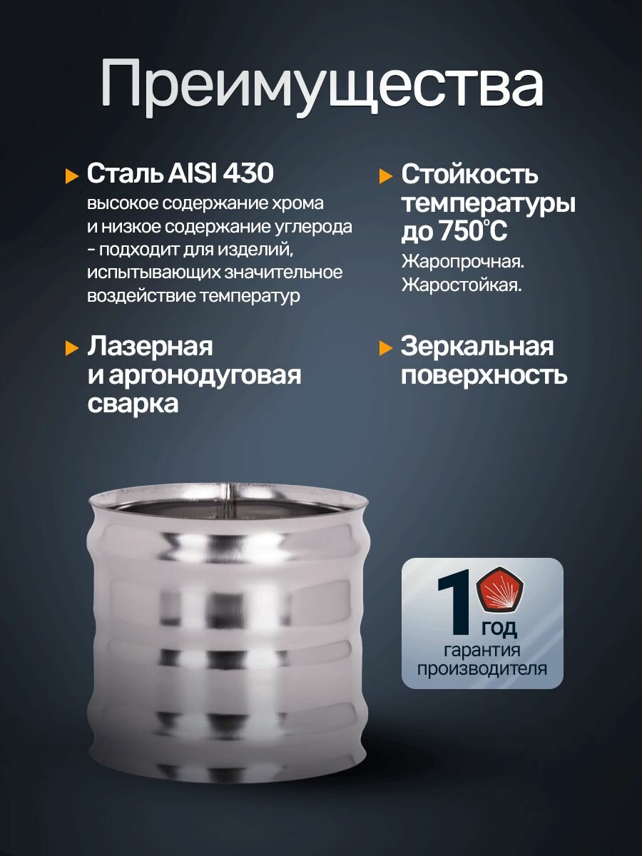 Адаптер дымохода 115 (+) / 115 (+), соединитель мама мама из нержавейки 1 мм AISI 430 — фото 1