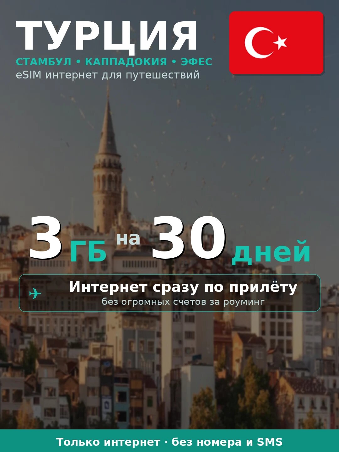 ESIM Турция — мобильный интернет 3 ГБ на 30 дней | виртуальная SIM-карта для путешествий