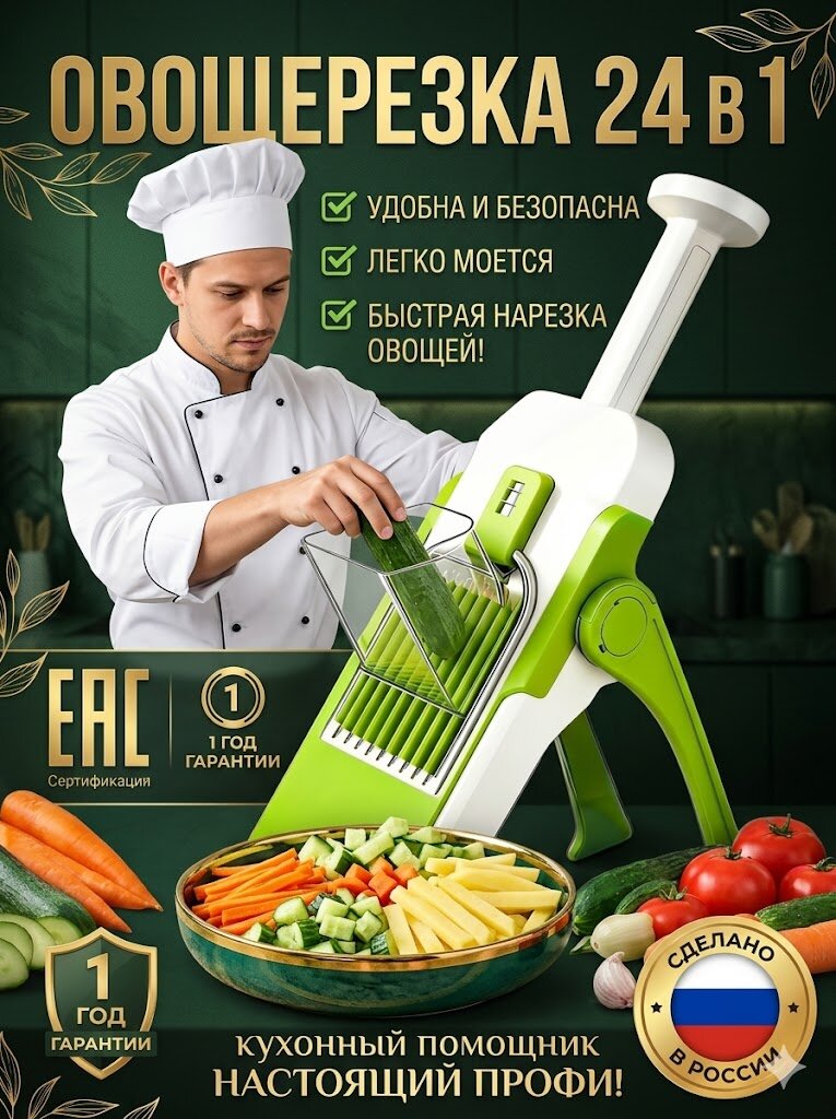 Овощерезка, многофункциональная, с контейнером, пластик, серая/зеленая