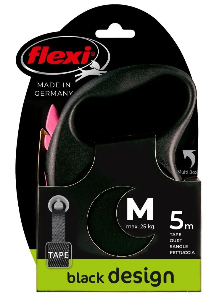 Поводок рулетка для собак Flexi Black Design M (до 25 кг) 5 м лента черный/серебро