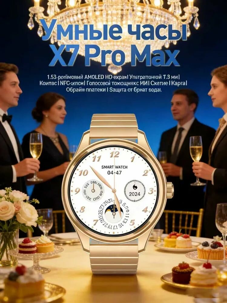 Смарт-часы Smart watch X7 Pro Max, с NFC для оплаты, отслеживание здоровья, золотой корпус, спортивные режимы