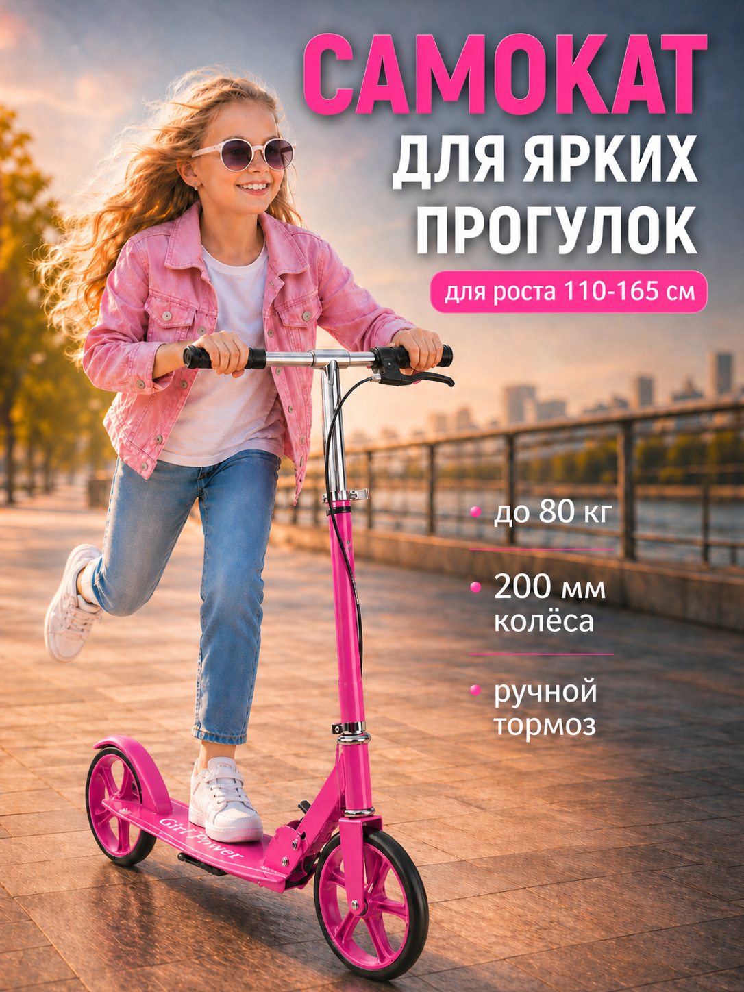 Самокат складной 2-колесный до 80 кг, ручной тормоз, колеса 200 мм PU