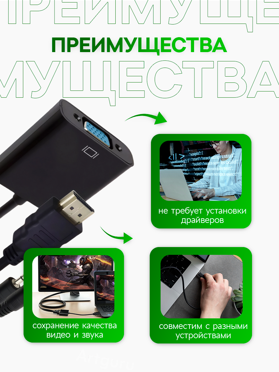 Переходник адаптер с HDMI на VGA + AUX кабель для видеокарты, монитора, проектора, Masak / конвертер HDMI VGA с аудио