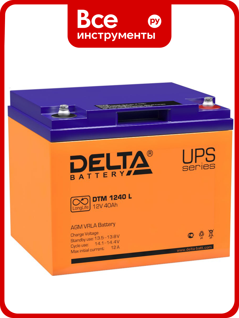 Батарея аккумуляторная Delta DTM 1240 L, из пластика обратная полярность с болтовыми клеммами технология