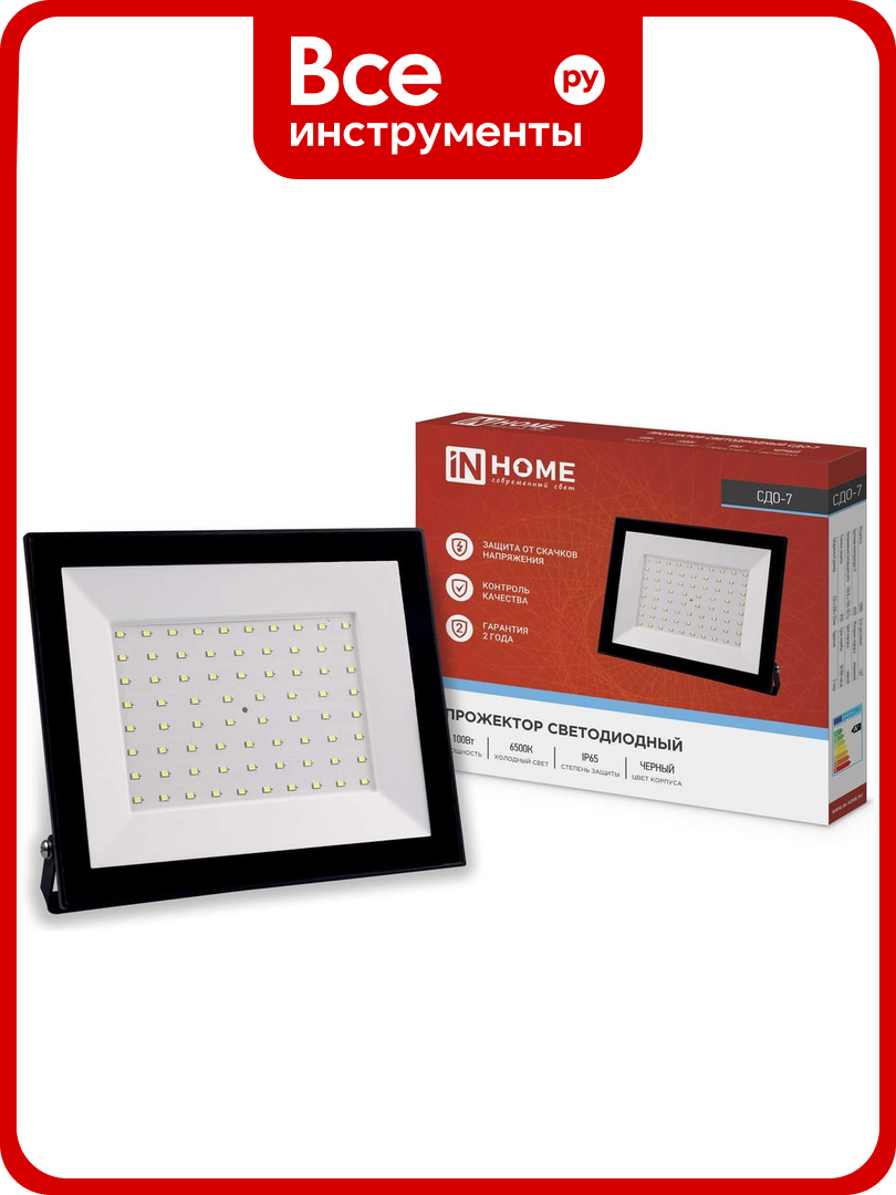Светодиодный прожектор IN HOME СДО-7 100Вт 230В 6500К IP65 черный 4690612034652