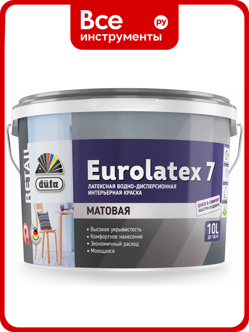 Краска Dufa Retail EUROLATEX акриловая водно‑дисперсионная для стен и потолков, моющаяся и влагостойкая