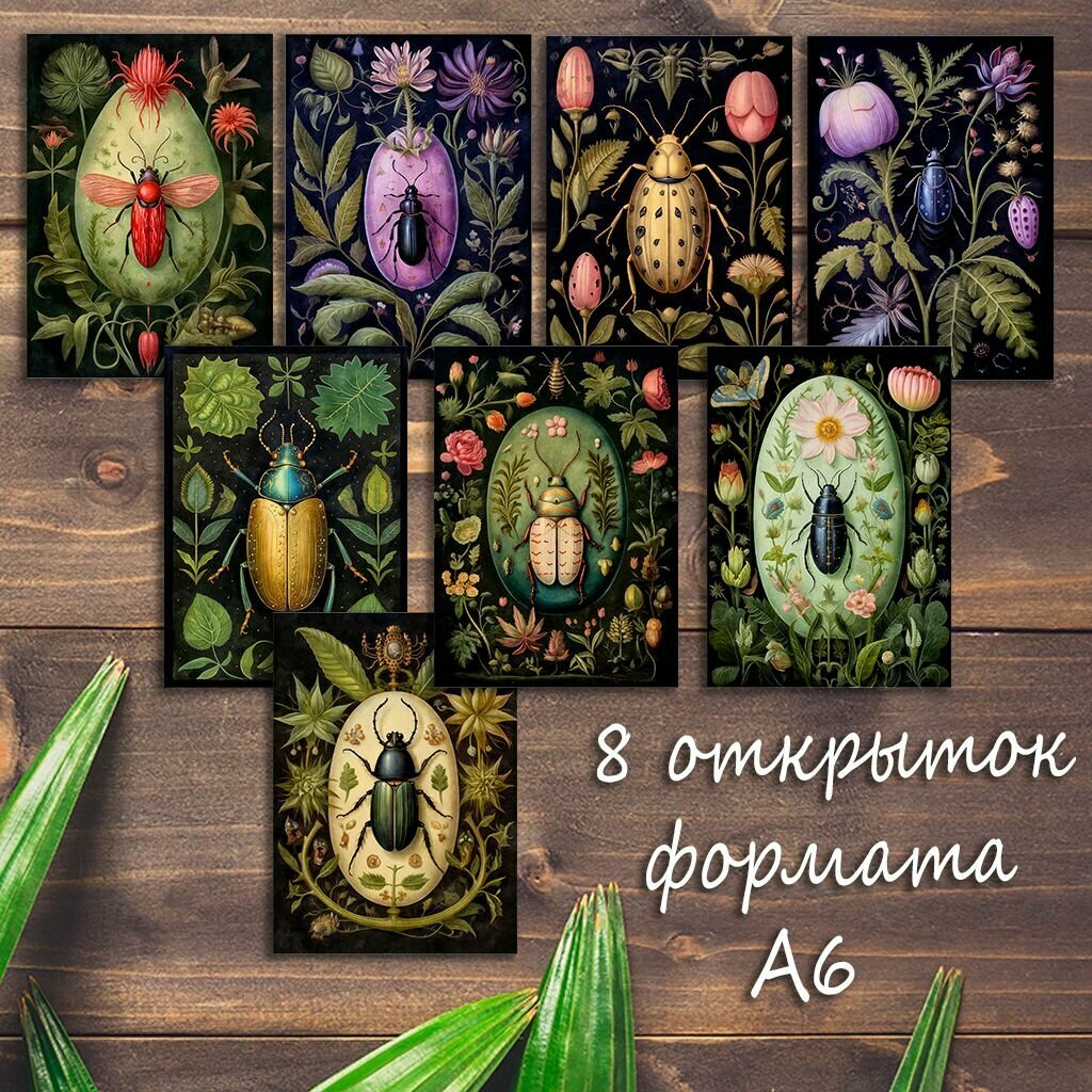 Большой набор открыток Насекомые, 8 штук