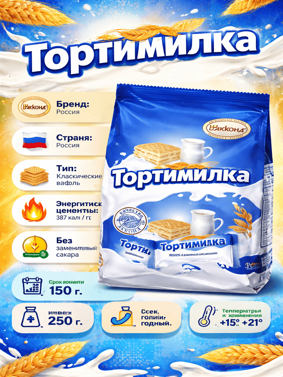 Вафли Акконд Тортимилка на 100% сливочном масле и молоке, 250г