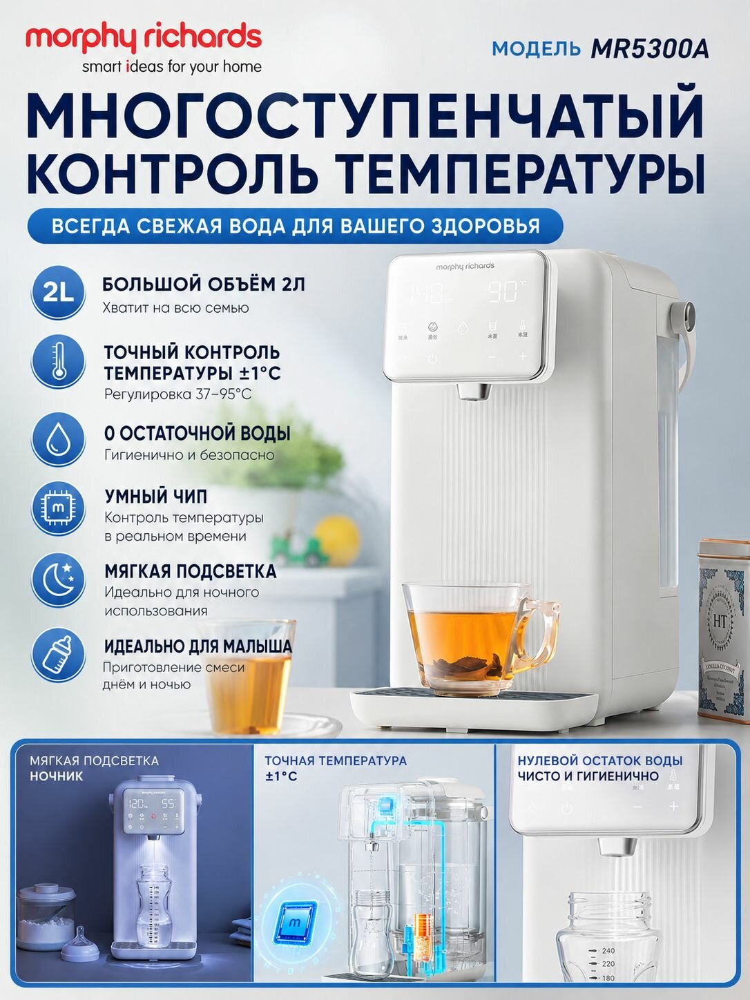 Morphy Richards MR5300A электрический чайник-диспенсер для воды, регулировка температуры, функция удаления хлора, ночная подсветка, быстрый нагрев, бытовой водонагреватель