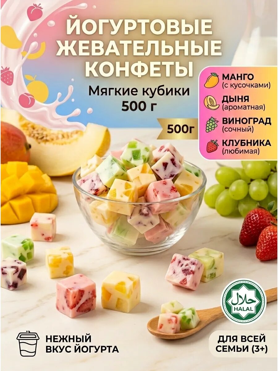 Конфеты жевательные с йогуртом фруктовые 500 гр