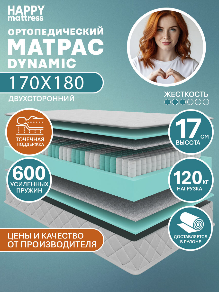 Матрас HAPPY MATTRESS DYNAMIC ортопедический, пружинный, на кровать и диван, высота 17 см, 170х180 см