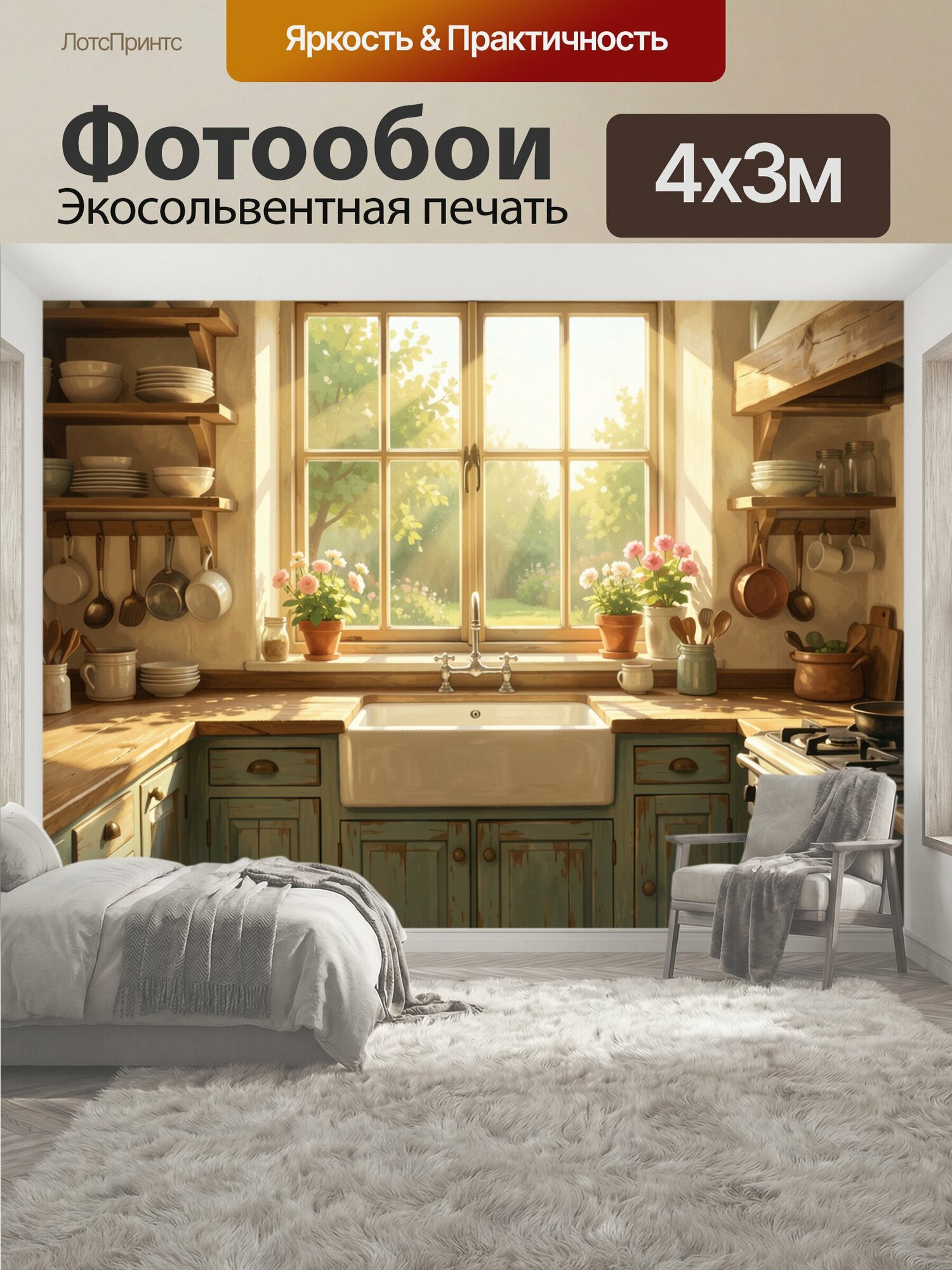 Фотообои "Уютная кухня у окна с цветами. Светлая домашняя столовая зона в стиле кантри: деревянные шкафчики, белая раковина, открытые полки." 400x300 см. экосольвентная печать