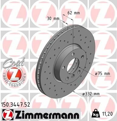 Диск тормозной передний перфорированный с покрытием BMW X5-E70 F15 X6-E71 F16 ZIMMERMANN 150.3447.52