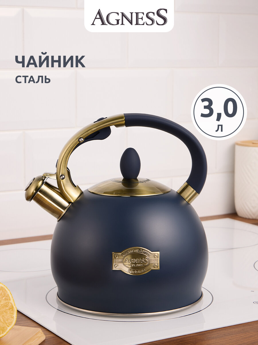 Чайник для газовой плиты Agness "Тюдор", со свистком, 3 л, черный, для всех видов плит