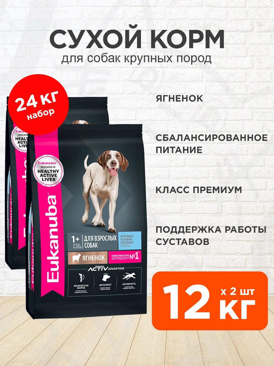Корм сухой Eukanuba для взрослых собак крупных пород, ягненок, 12 кг х 2 шт
