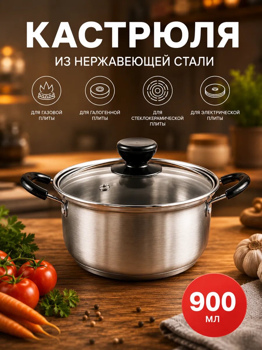 Кастрюля SKYPHOS "Promo" 900 мл, с крышкой, нержавеющая сталь