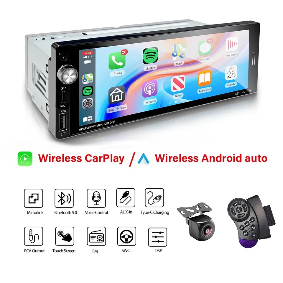 Автомагнитола 6.9' CarPlay/Android Auto Wireless, Цвет: Wireless-c06-ahd