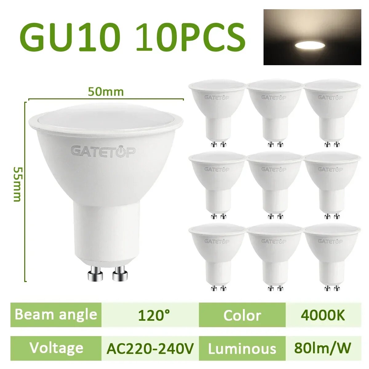 LED лампа Gatetop GU10 3000K/6000K теплый белый свет 10 шт 220В 120degree 4000K, Yes, 9w