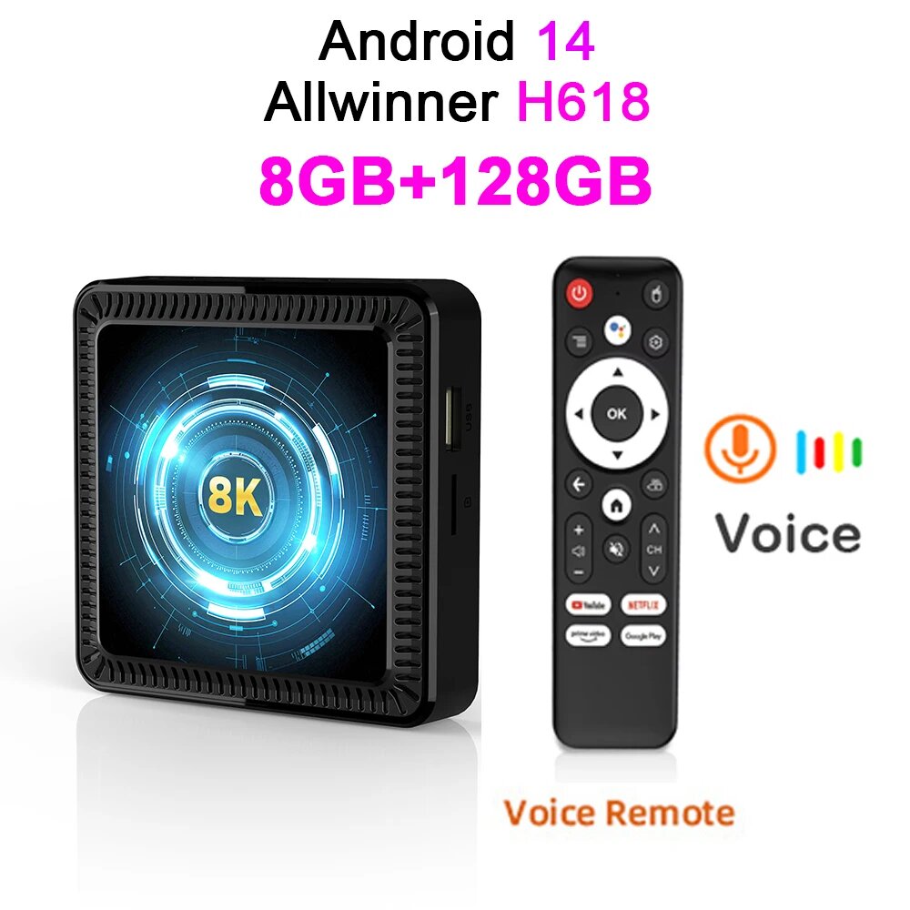 Android 14 ТВ бокс Allwinner H618 8ГБ+128ГБ 8K Voice Remote