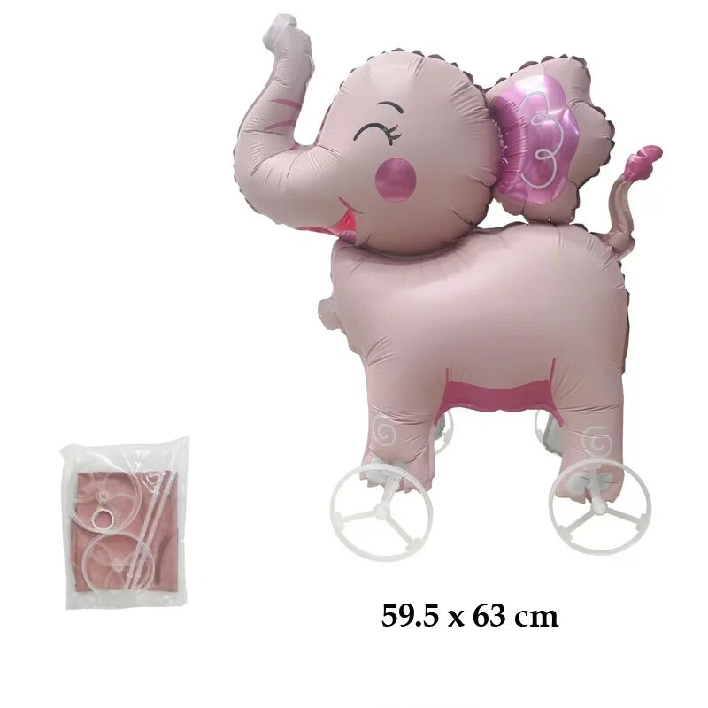 Розовый фольгированный шар-слоник на колесиках 59.5x63 см