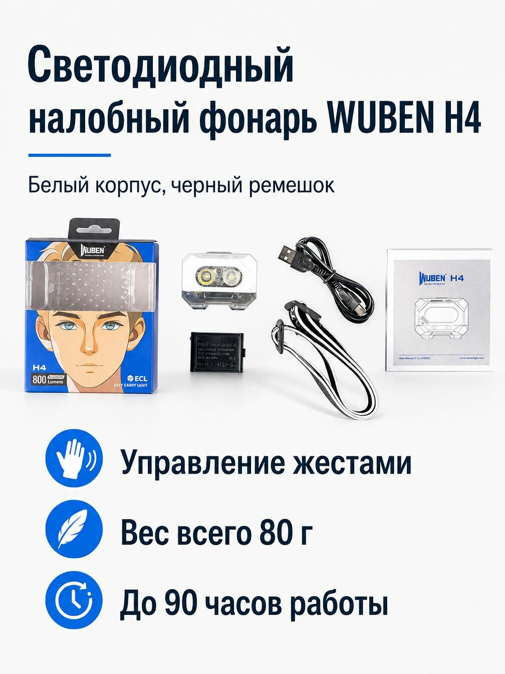 Фронтальный фонарь WUBEN H4 с жестовым управлением, 90 ч работы, 80 г, белый корпус черный ремешок