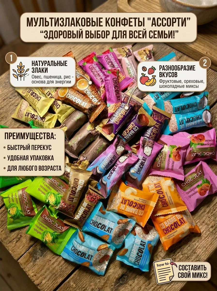 Конфеты "Co barre de Chocolat", мультизлаковые, 500г(Ассорти), картонная упаковка
