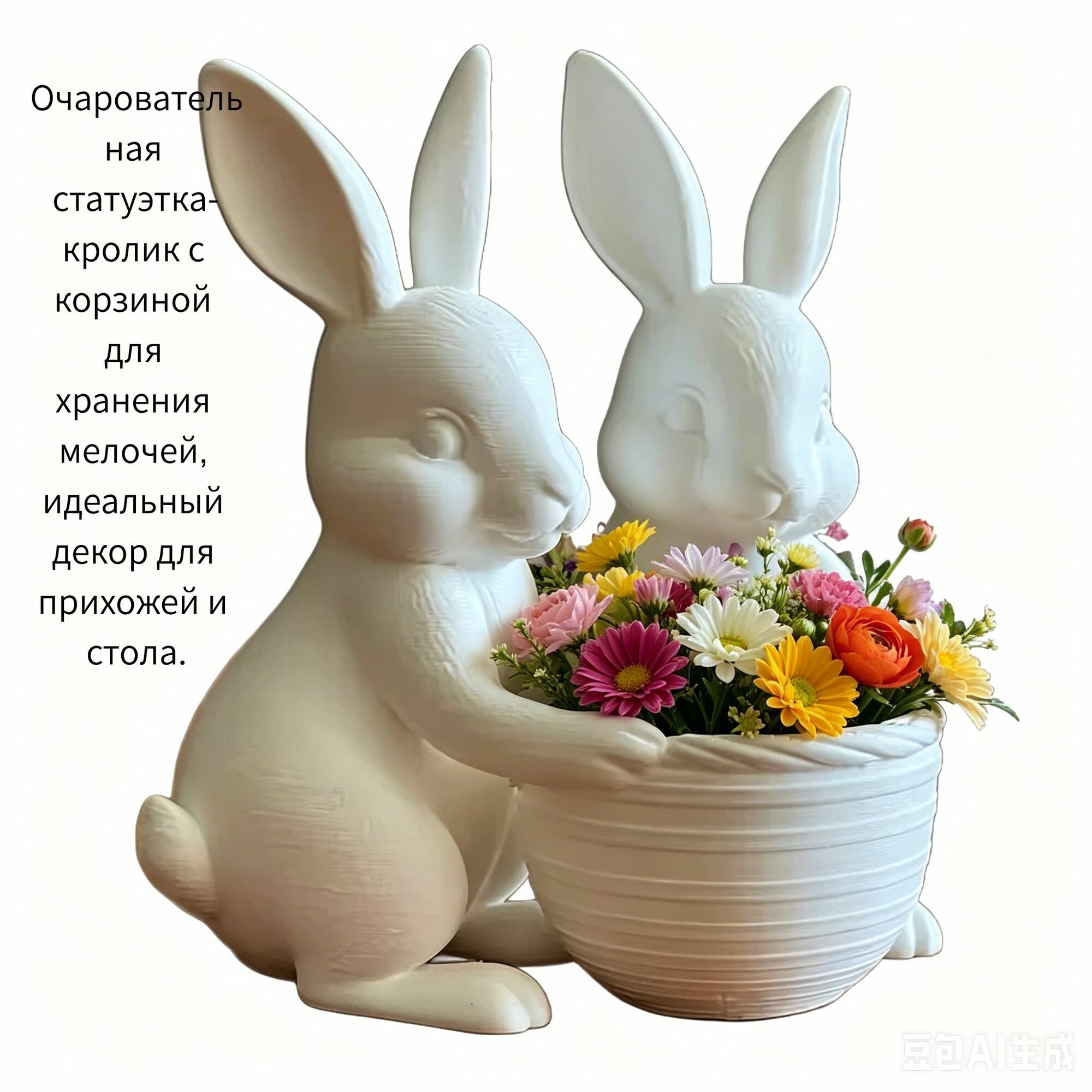 Набор из 2 белых кроликов с корзиной Декоративная фигурка из смолы для интерьера, пасхальный декор, минимализм, настольный аксессуар