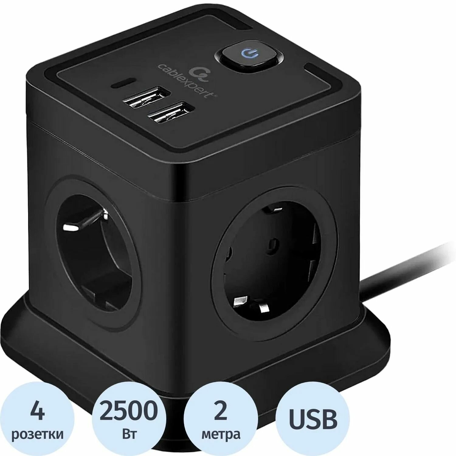 Сетевой фильтр Cablexpert Tower 4р/2 м, 10А, 2хUSB, черный (TWR-4-CU2-B-2)