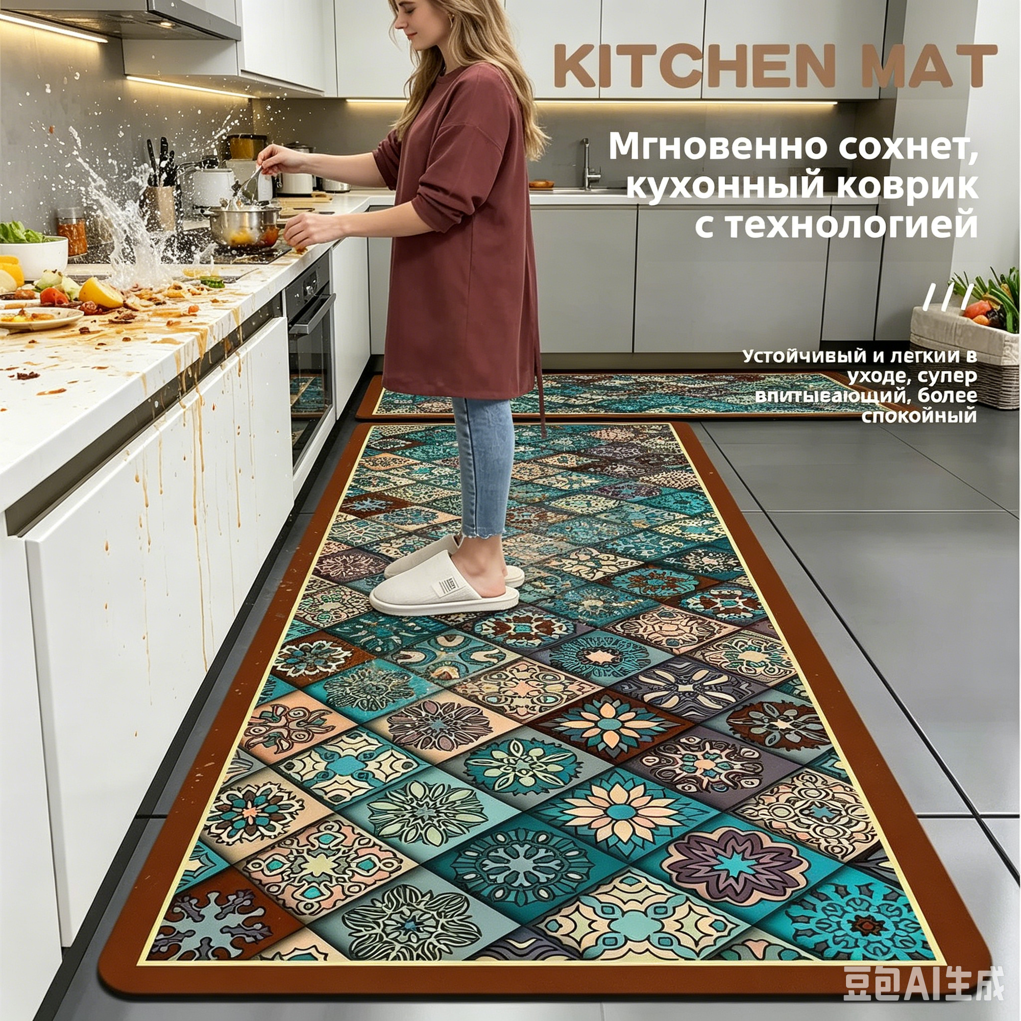 Практичный кухонный коврик, впитывающий влагу и не скользящий, из диатомовой грязи, с цветным рисунком, 200*60 см