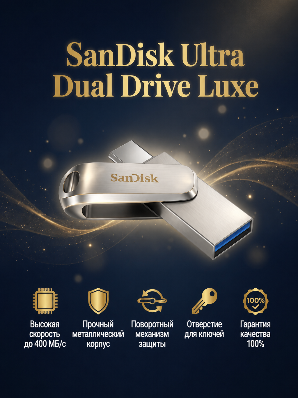 Флэш-накопитель SanDisk Ultra Dual Drive Luxe USB Type-C 128Gb, серебристый
