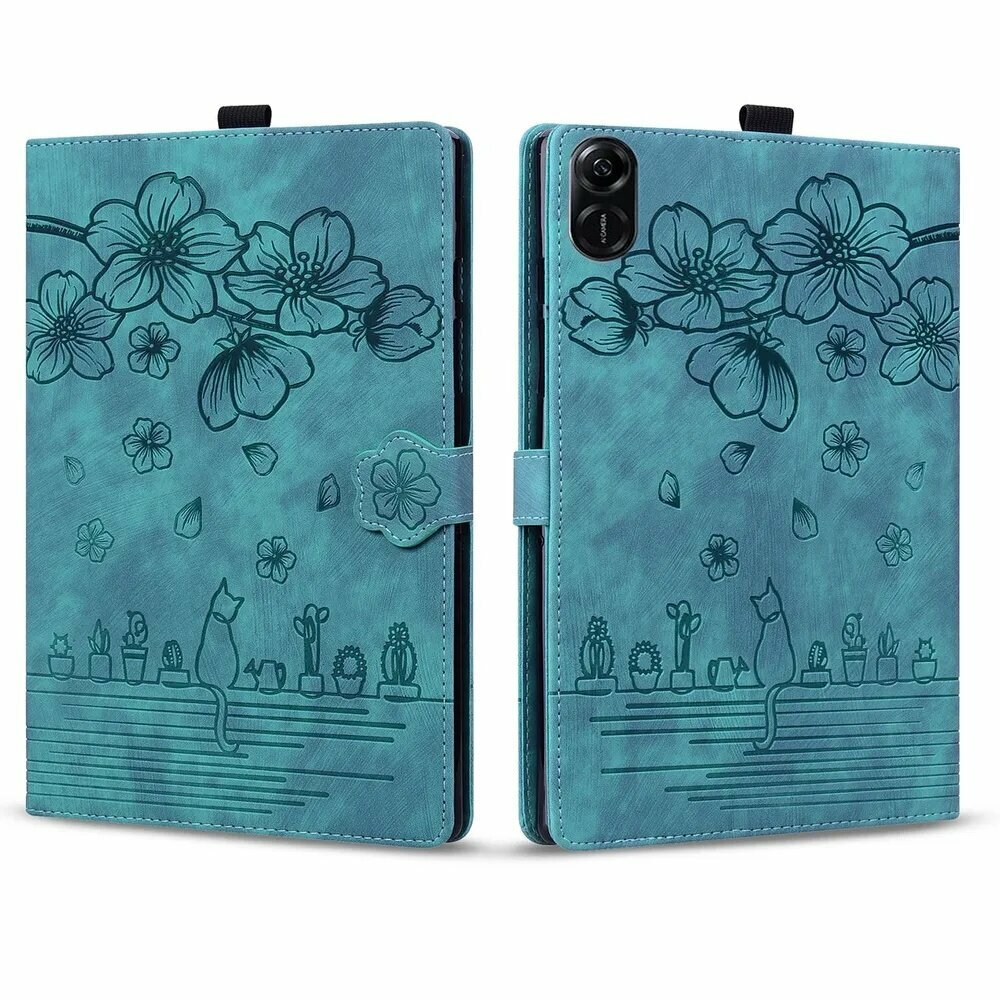 Обложка для Honor Pad X8a 11-дюймового планшета 2024 Магнитная крышка PU Leather Cover Защитная крышка для Honor Pad X8a Tablet Case, зеленый Цветущая вишня и кошки