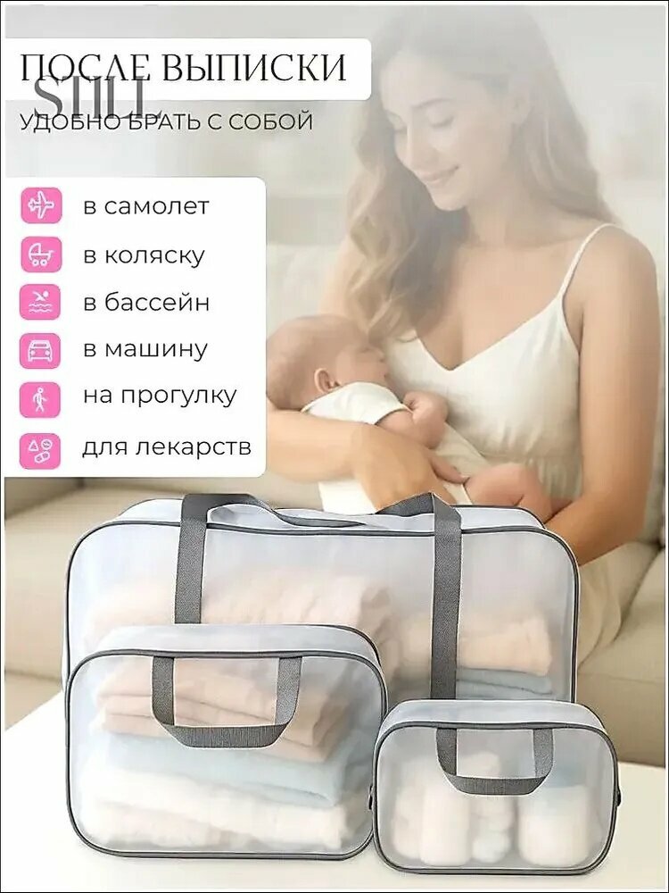 Сумки в роддом прозрачные для беременных набор 3 шт. без наполнения для мамы и малыша
