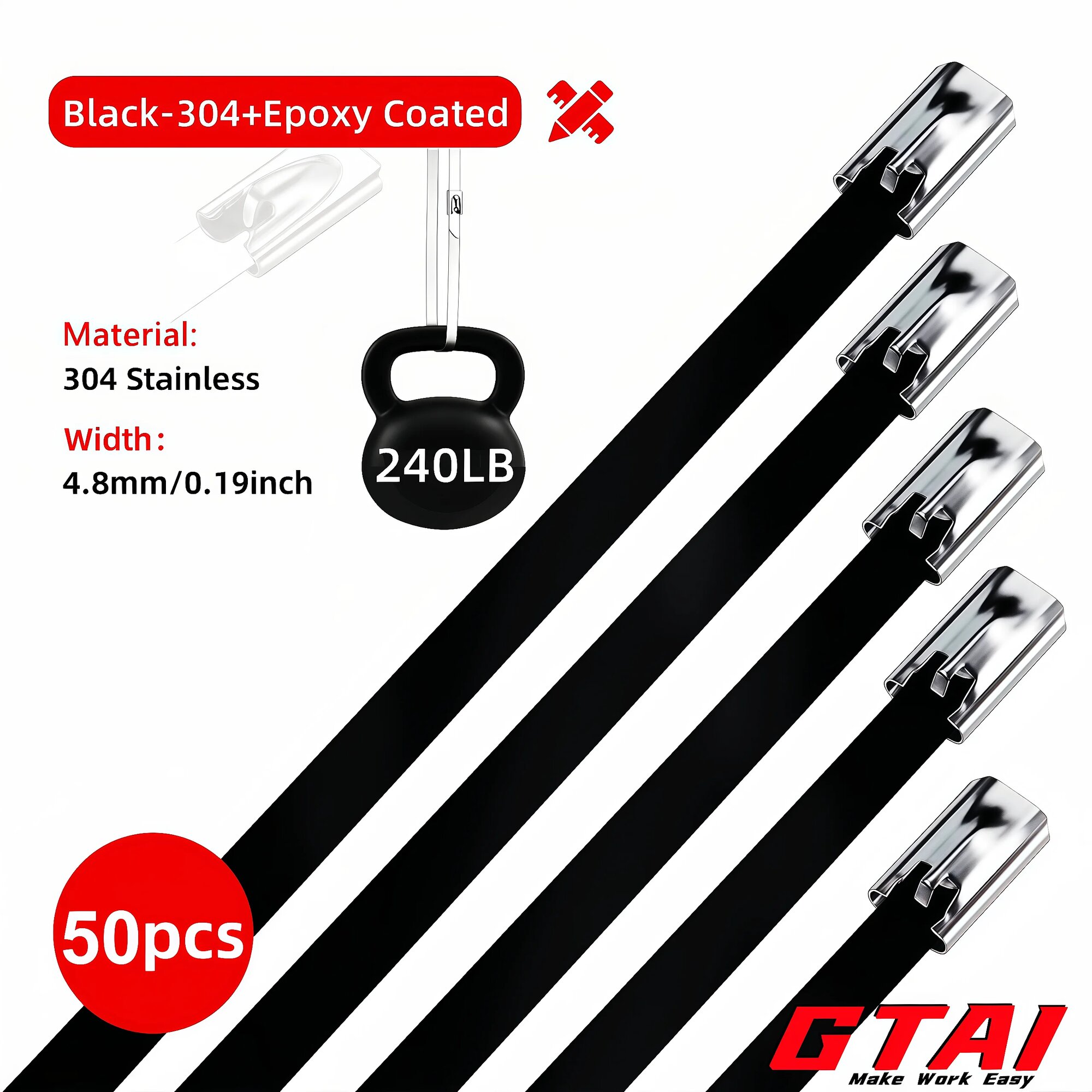 Кабельные стяжки GTAI 50 шт, 4.8 мм, 240LB, 304 Stainless