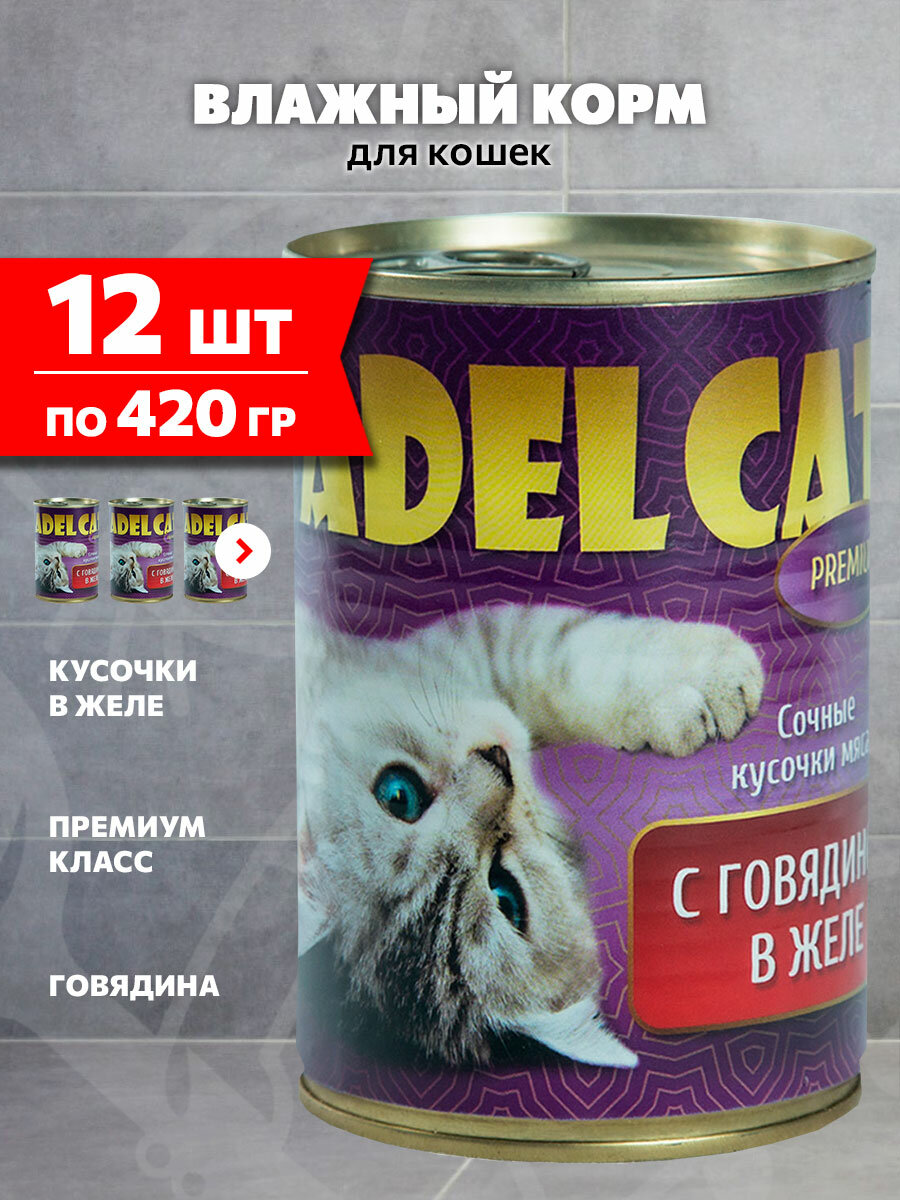 Корм влажный Adel Cat Premium для взрослых кошек сочные кусочки мяса с говядиной в желе, 420 г х 12 шт