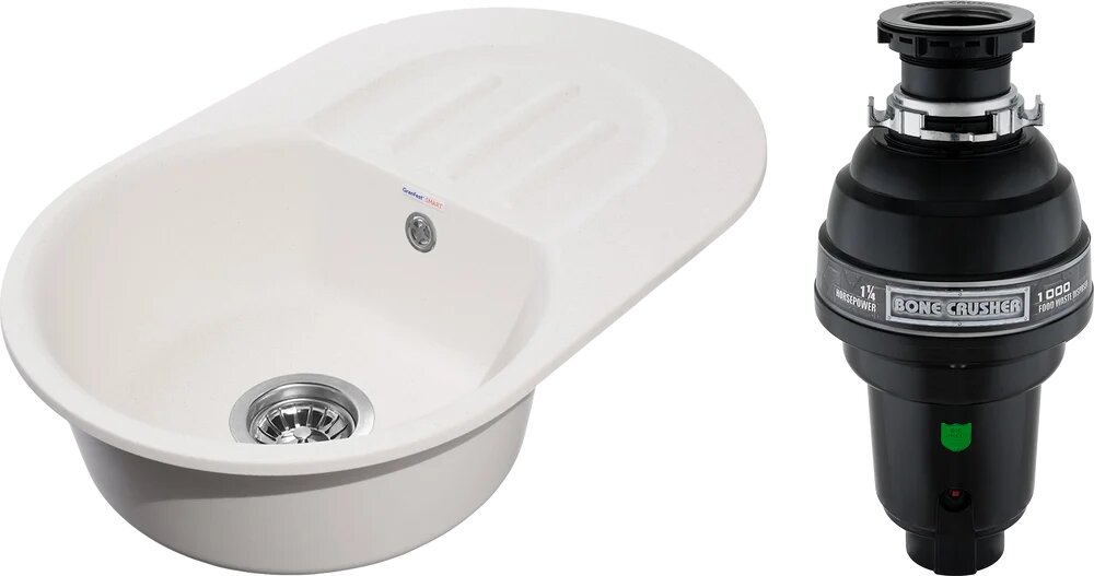 Комплект Мойка GranFest Smart SM 680 L 68x43, белая, искусственный мрамор / Измельчитель Bone Crusher BC 1000-AS электрический, нержавеющая сталь