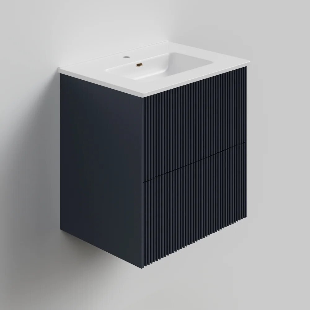 Тумба с раковиной La Fenice Terra Twin 60 подвесная, 61 см, синяя, матовая, из МДФ, с ящиками, раковина для ванной, фарфоровая, прямоугольная, встроенный слив-перелив