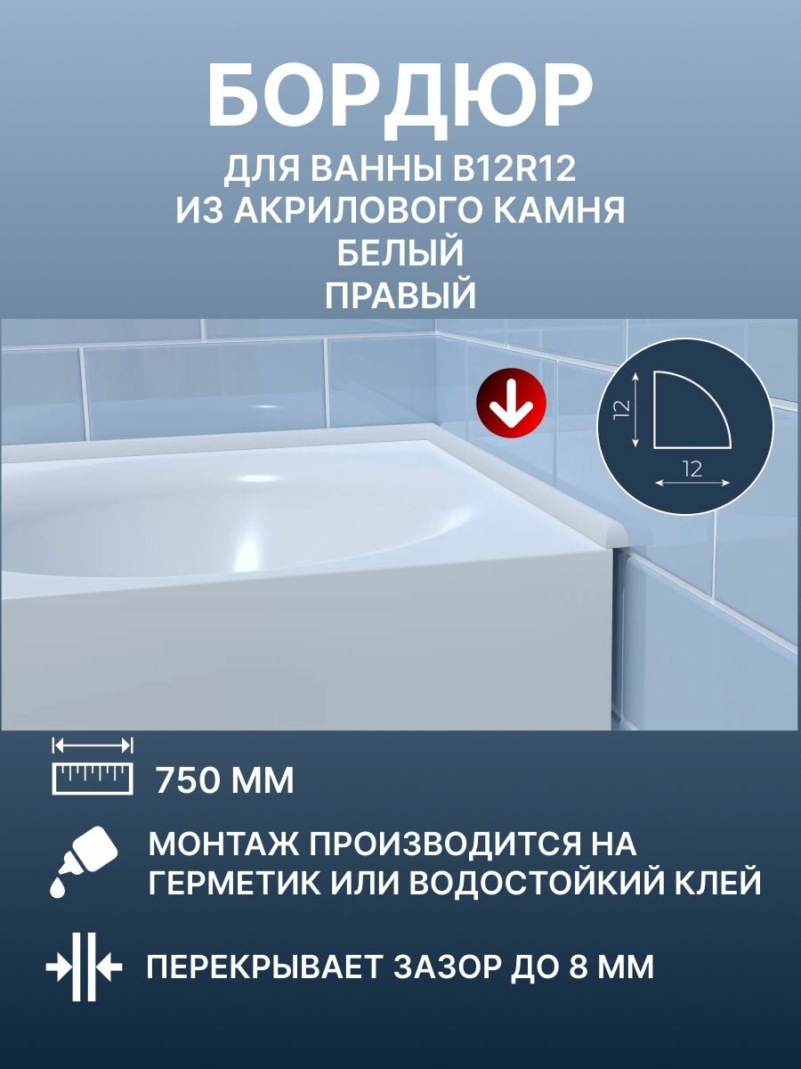 Бордюр акриловый универсальный профиль Волшебная палочка B12 R12 750*12*12 мм Белый Глянец 20% правый