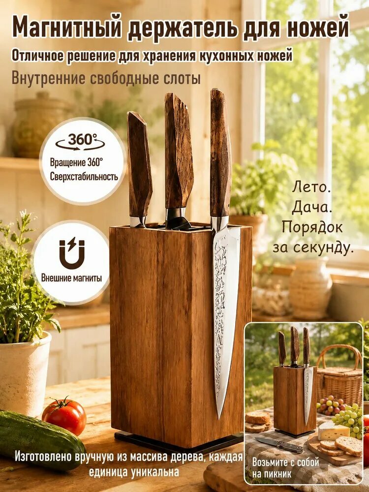 Naawe Магнитная подставка для ножей из массива дерева, 17 см. Идеально для кухни, дачи и летнего пикника. Порядок и стиль в сезон отпусков. Подарок