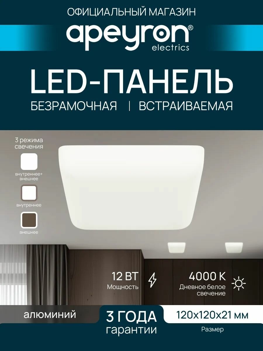 Светодиодная встраиваемая безрамочная панель Apeyron FLP 12Вт, 4000К, квадрат 120х120мм, белый