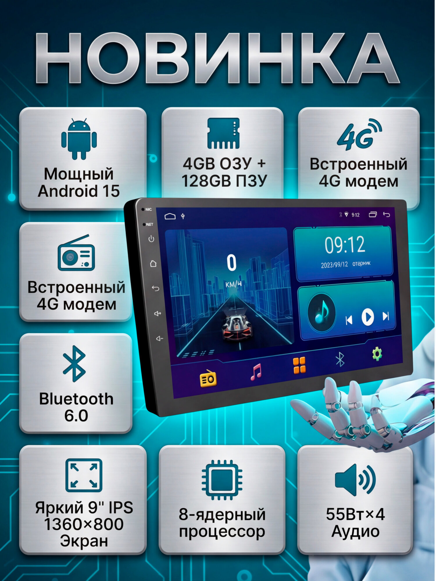 Автомагнитола 2 Din Android 15 4/128ГБ Eplutus CA907 9" 4G