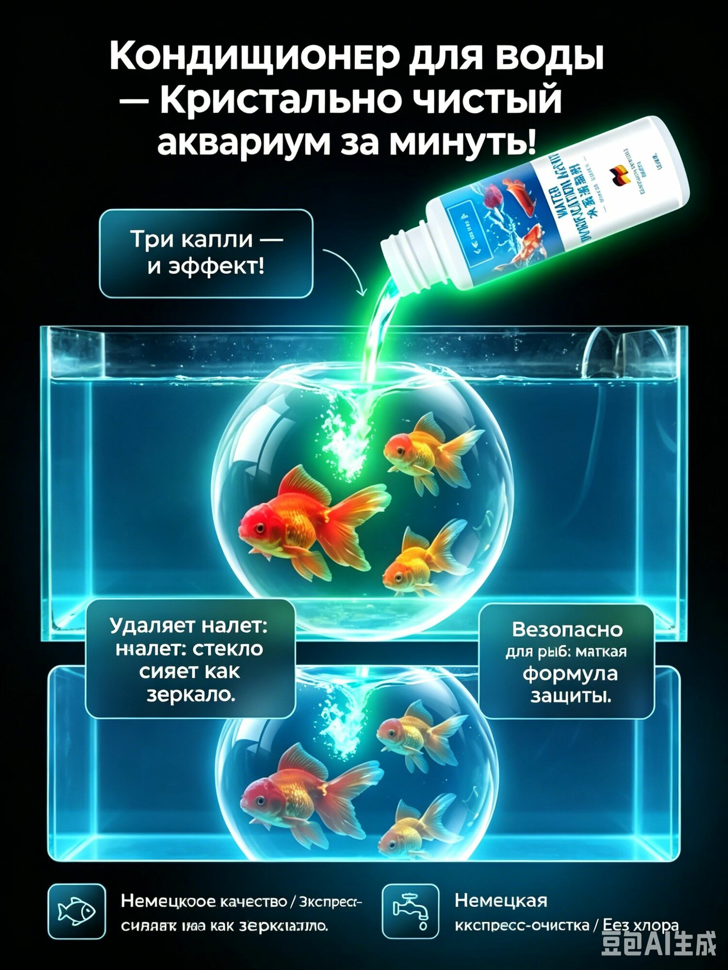 Очиститель воды для аквариума и стекол, био-кондиционер от мутности и водорослей - средство для удаления известкового налета и очистки аквариума, 130мл, против запаха и цветения.