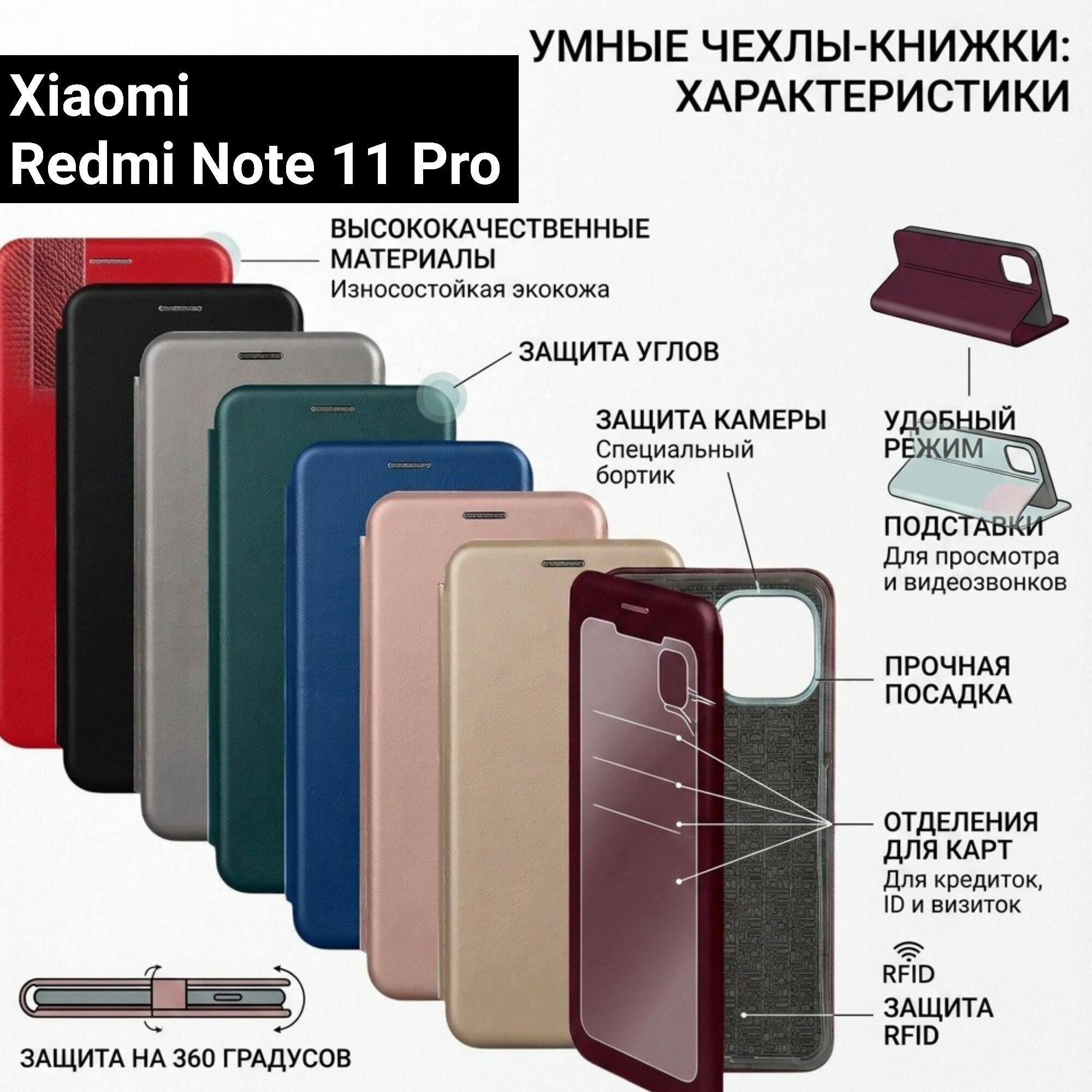 Чехол-книжка на Xiaomi Redmi Note 11 Pro/11 Pro 5G/Note 12 Pro 4G с карманом для карт, с функцией подставки, черный