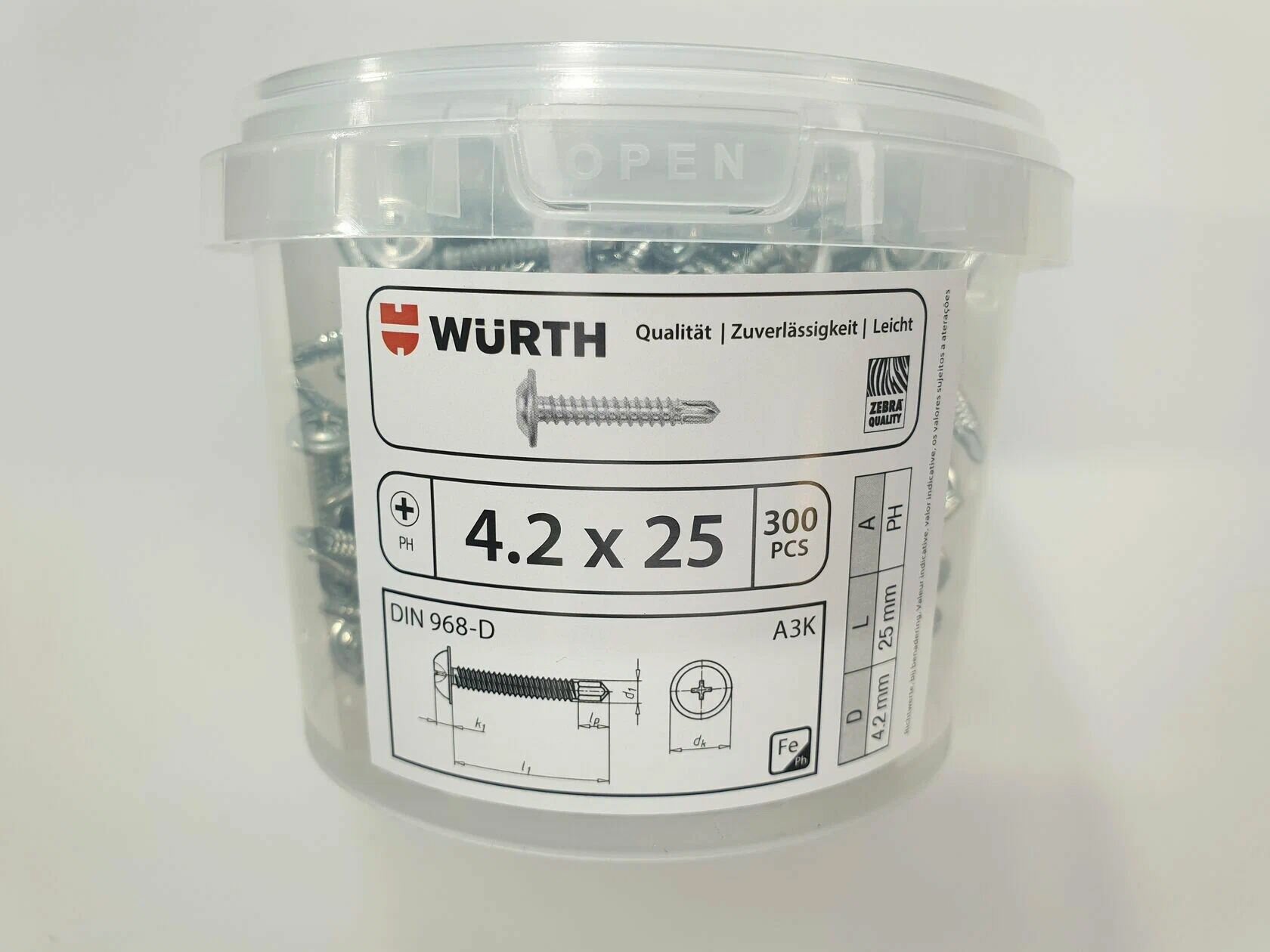 Саморез по металлу DIN 968-D 4.2x25 PH A3K (300 pcs) WURTH, Германия