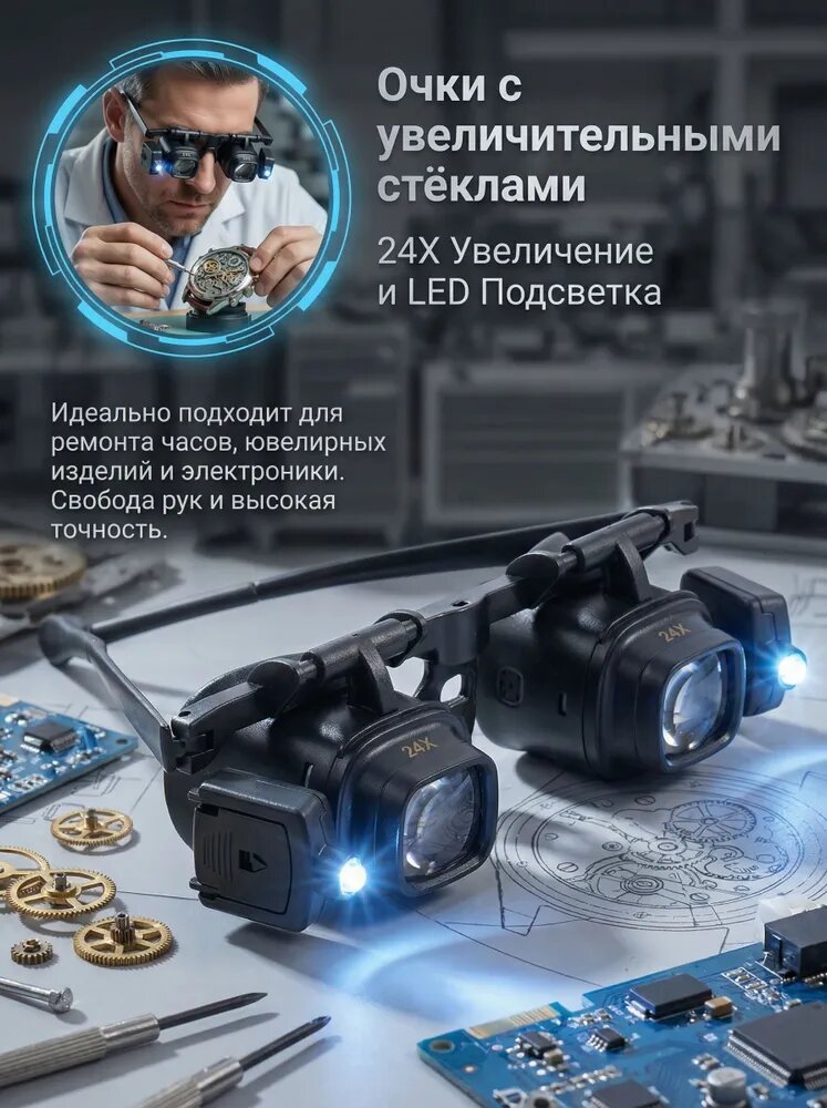 Лупа 24-кратная, диаметр: 29 мм, очки с увеличительными стеклами и LED подсветкой
