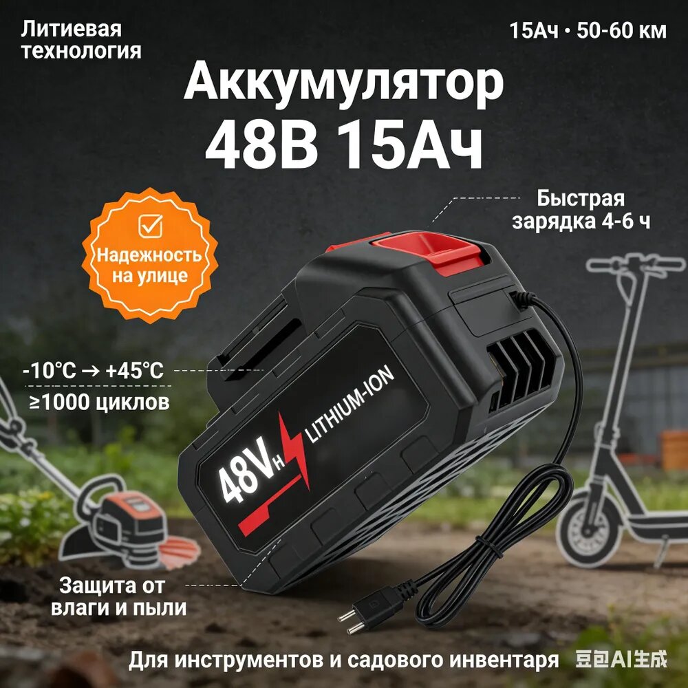 Литиевая батарея 48V 15Ah для электровелосипеда и садовых инструментов, быстрая зарядка, 1000 циклов.